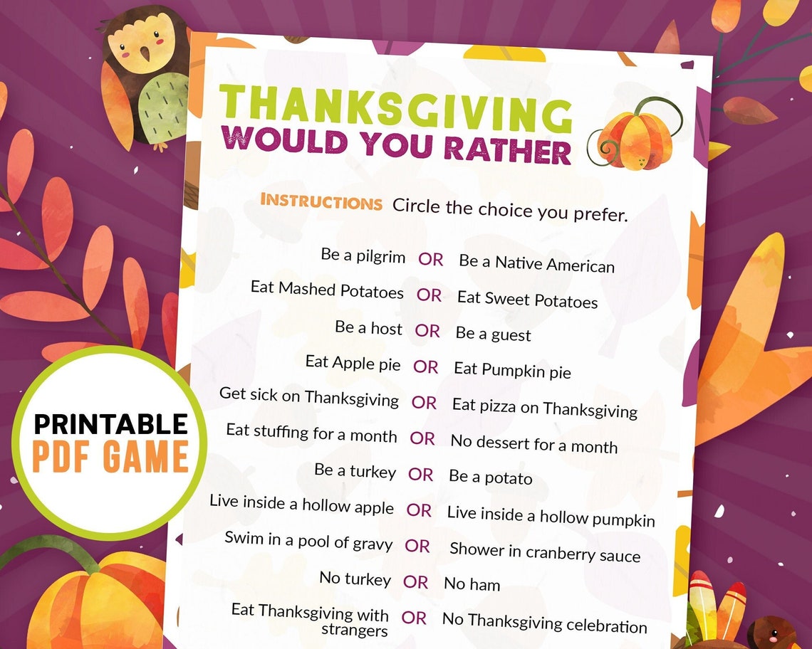 Would You Rather Thanksgiving Game Printable Games for Kids | Etsy