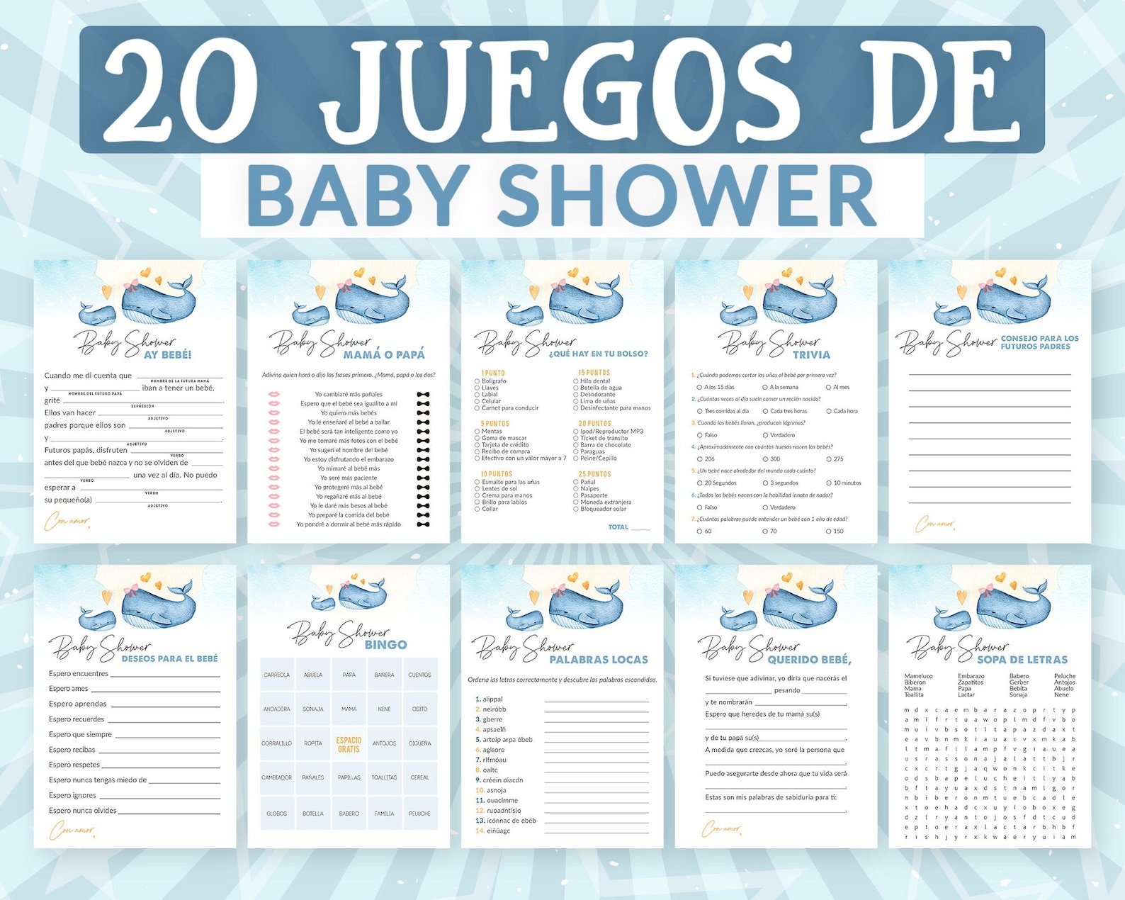 Juegos Baby Shower para niño Pack de Imprimibles de Ballena - Etsy España