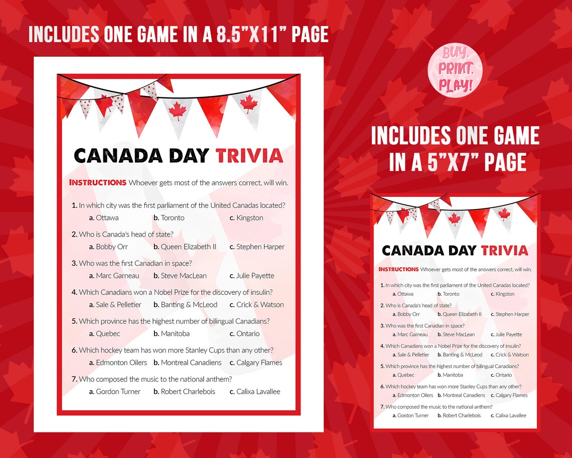 Canada Day Trivia Game First of July Printable Games - Etsy