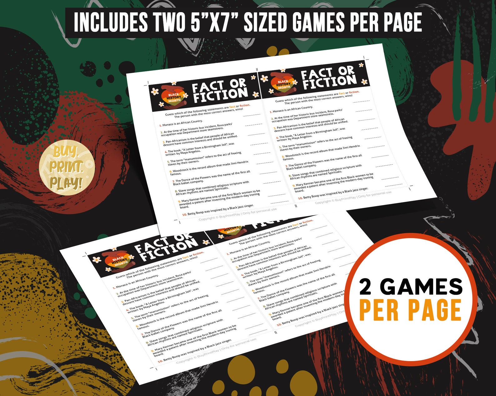 Black History Month Fact or Fiction Trivia Game American - Etsy