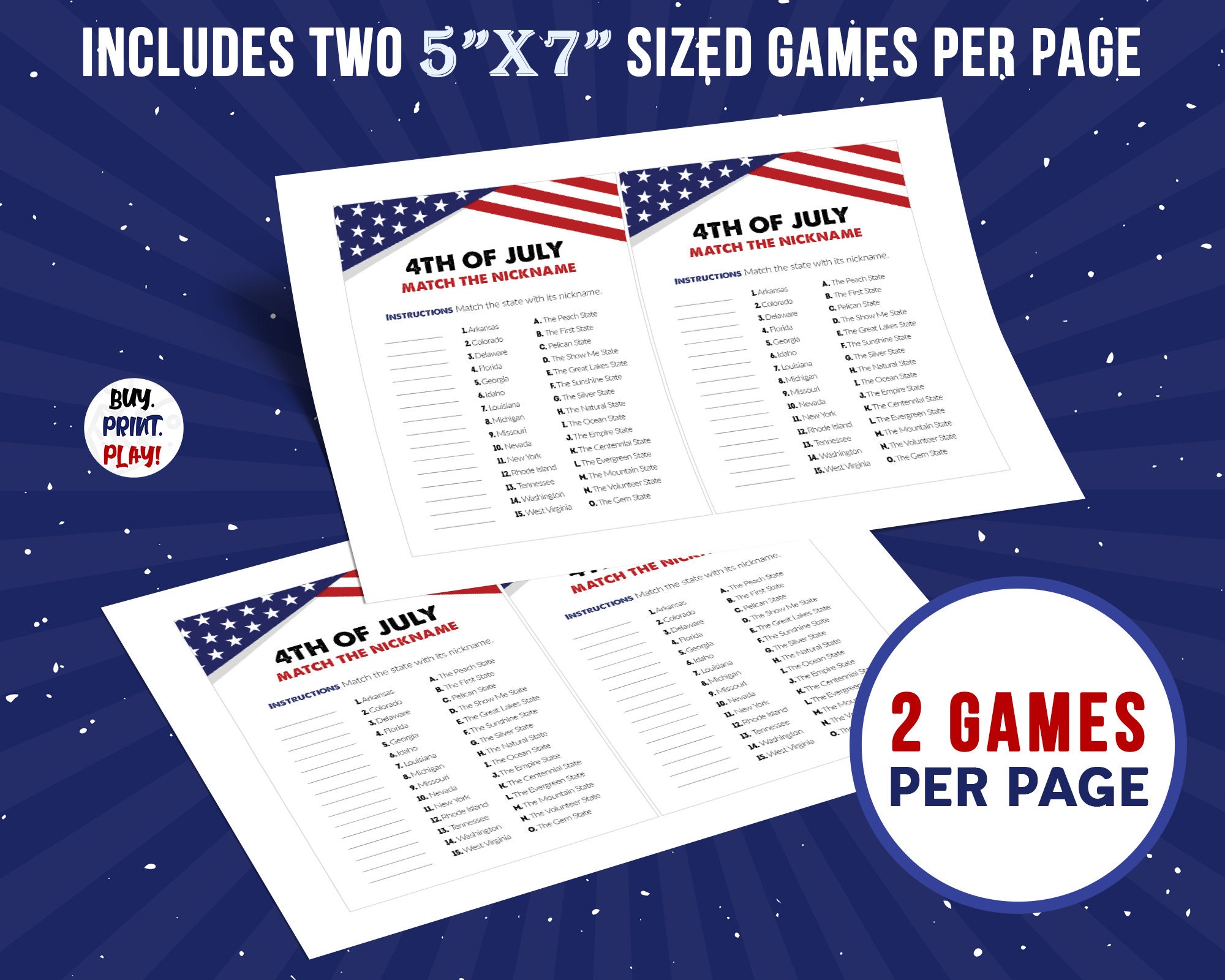 Fourth of July Trivia Game Match the State's Nickname | Etsy