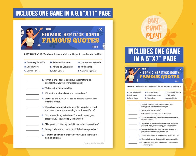 Hispanic Heritage Month Famous Quotes Trivia Game Latin - Etsy