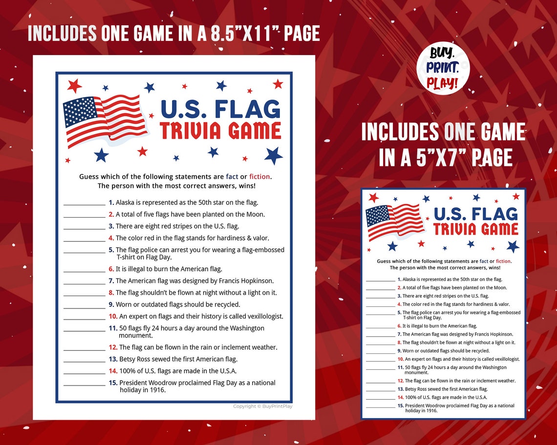 U.S. Flag Trivia Game 4th of July Independence Day Fact or | Etsy