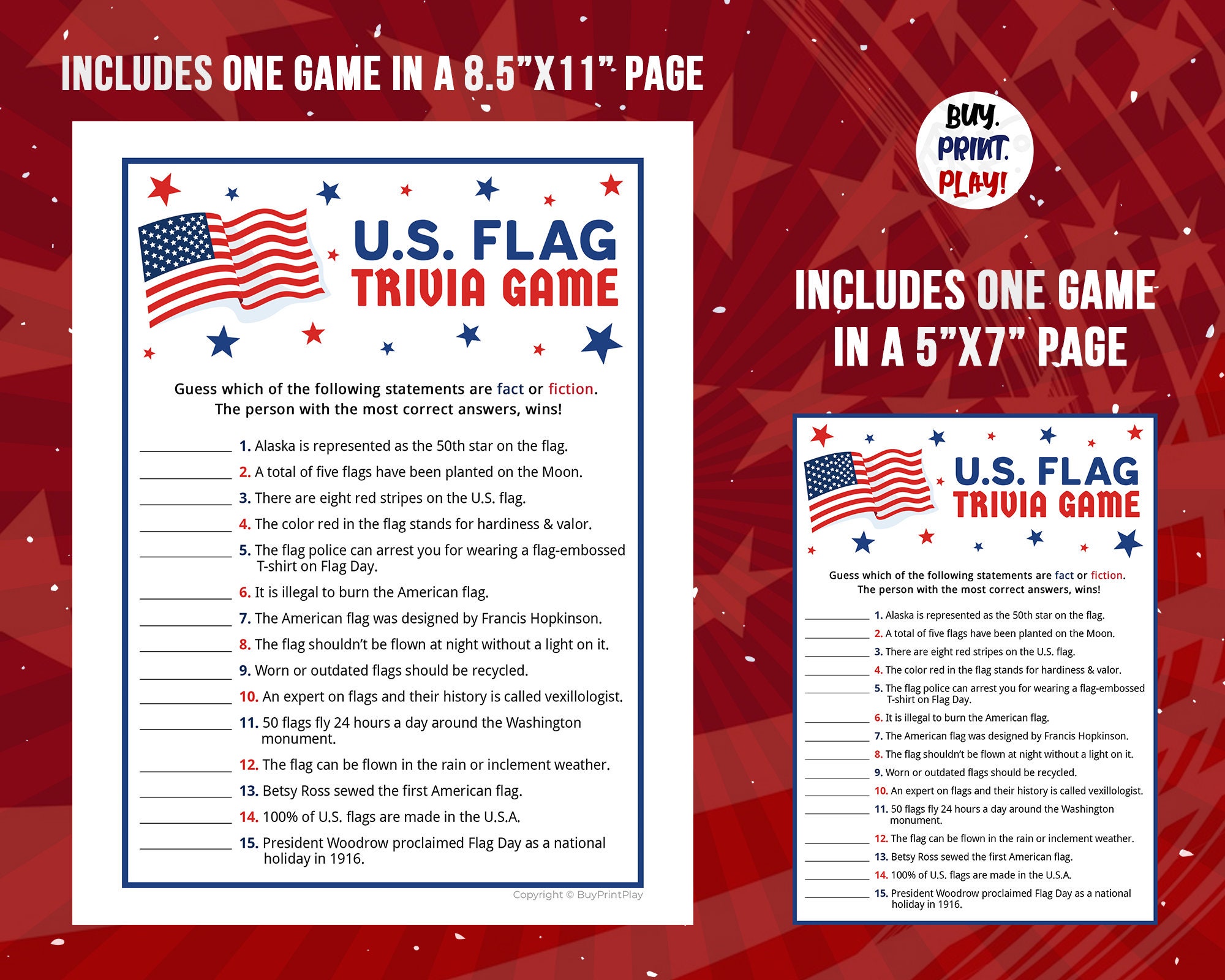 U.S. Flag Trivia Game 4th of July Independence Day Fact or | Etsy