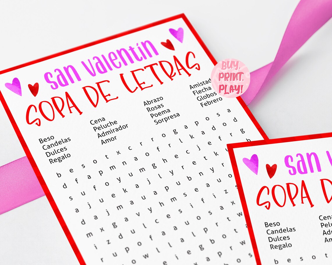 Spanish Valentines Word Search Printable Games for Kids - Etsy
