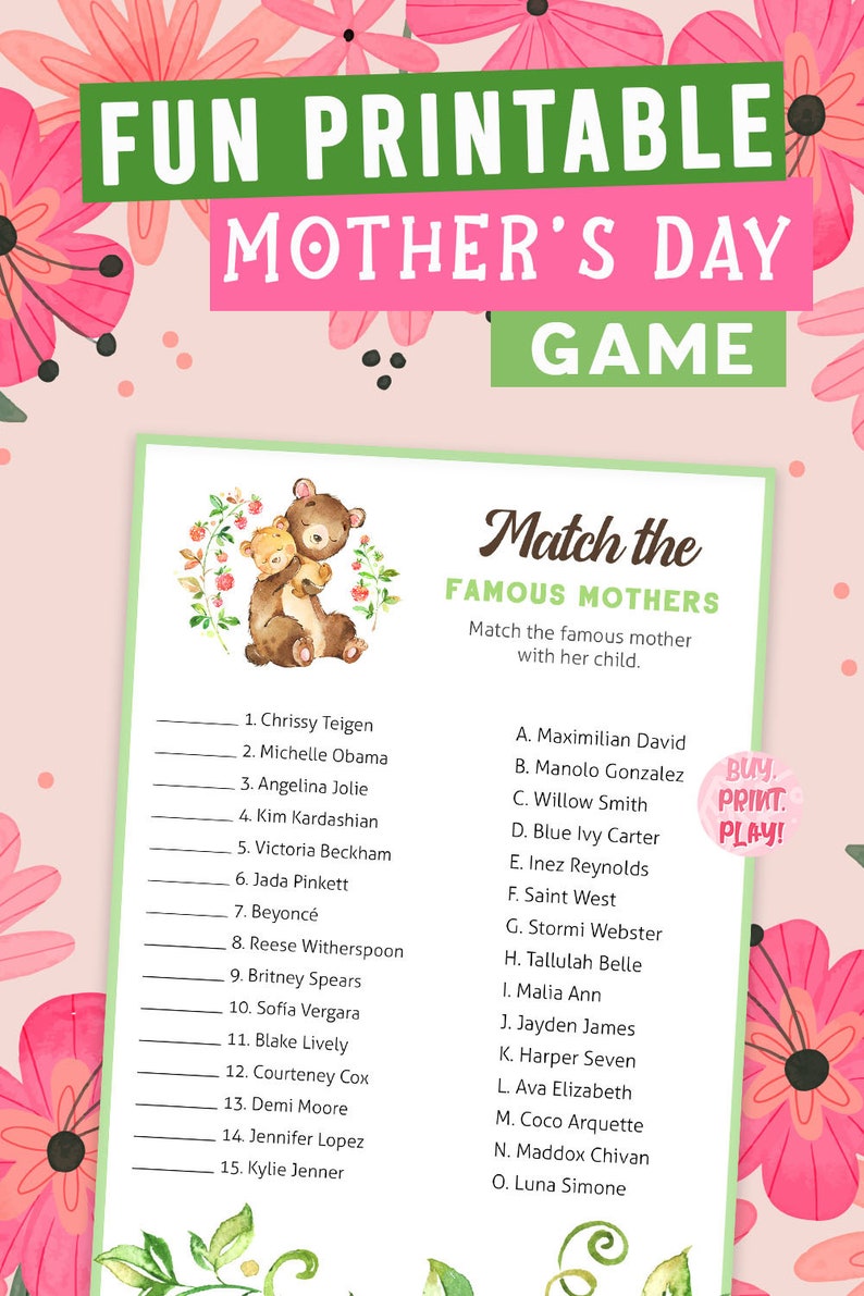 Mothers Day Games Famous Mothers Matching Game Printable - Etsy
