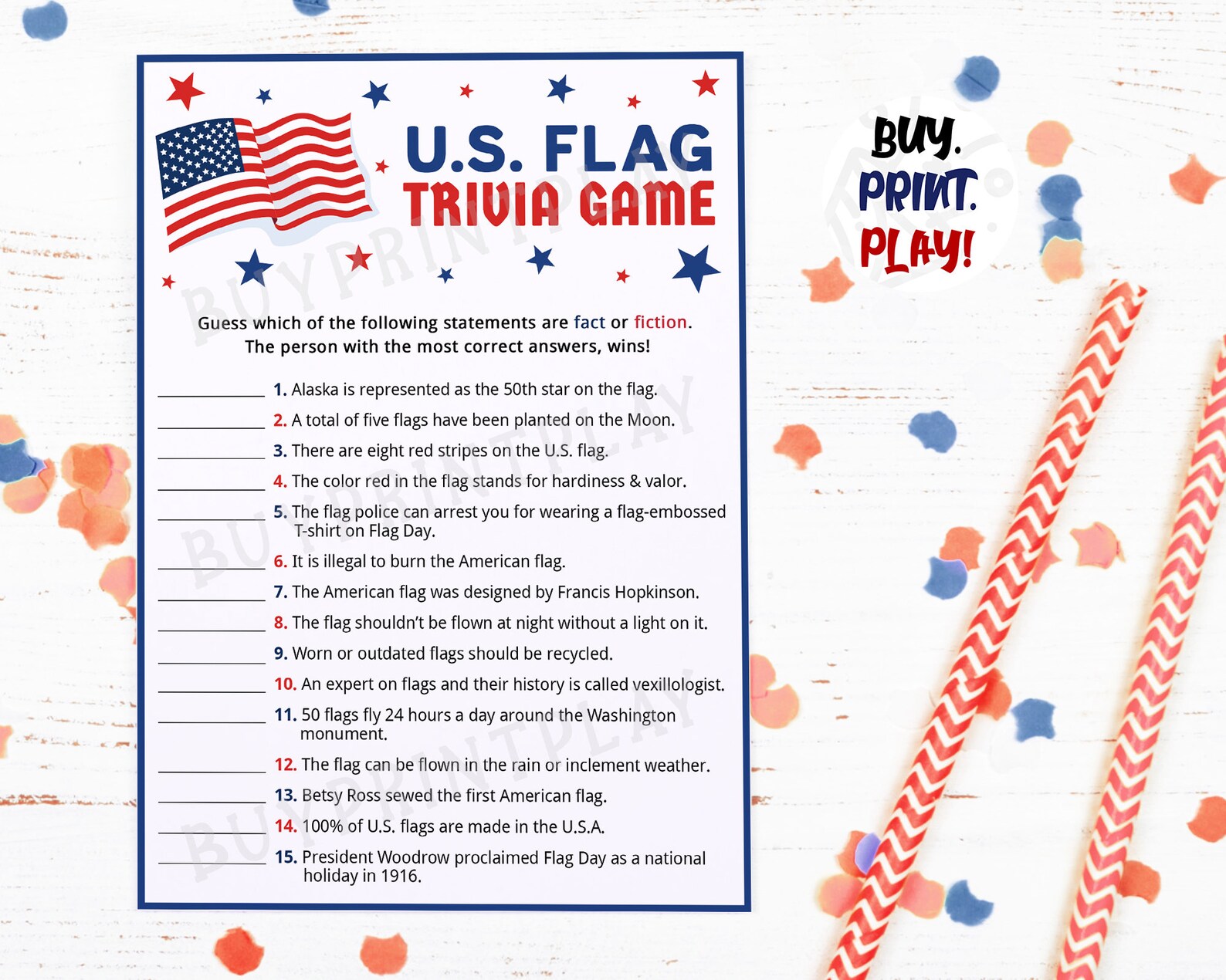 U.S. Flag Trivia Game 4th of July Independence Day Fact or | Etsy