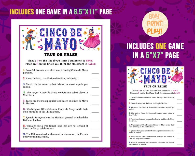 Cinco De Mayo True or False Trivia Printable Games for - Etsy