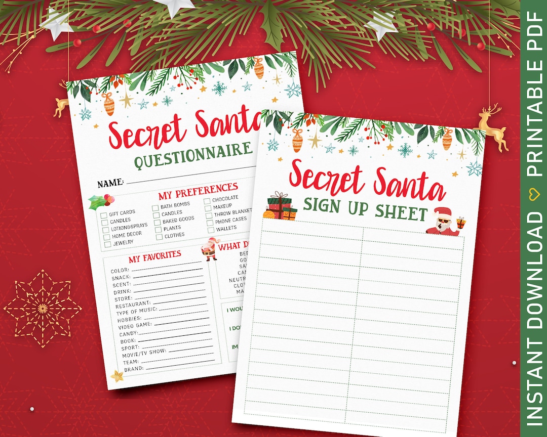 Christmas Secret Santa Exchange Questionnaire & Sign up Sheet ...