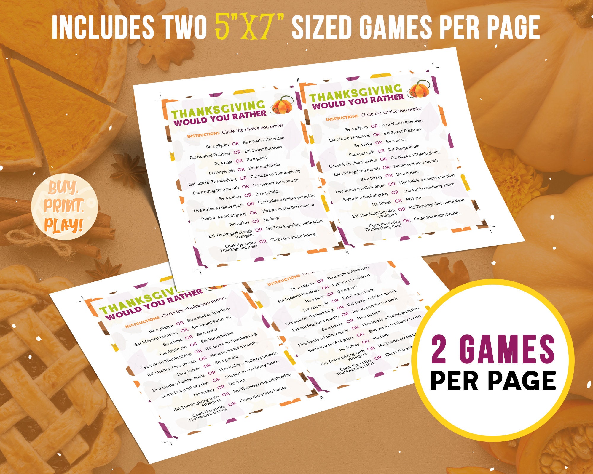 Would You Rather Thanksgiving Game Printable Games for Kids - Etsy
