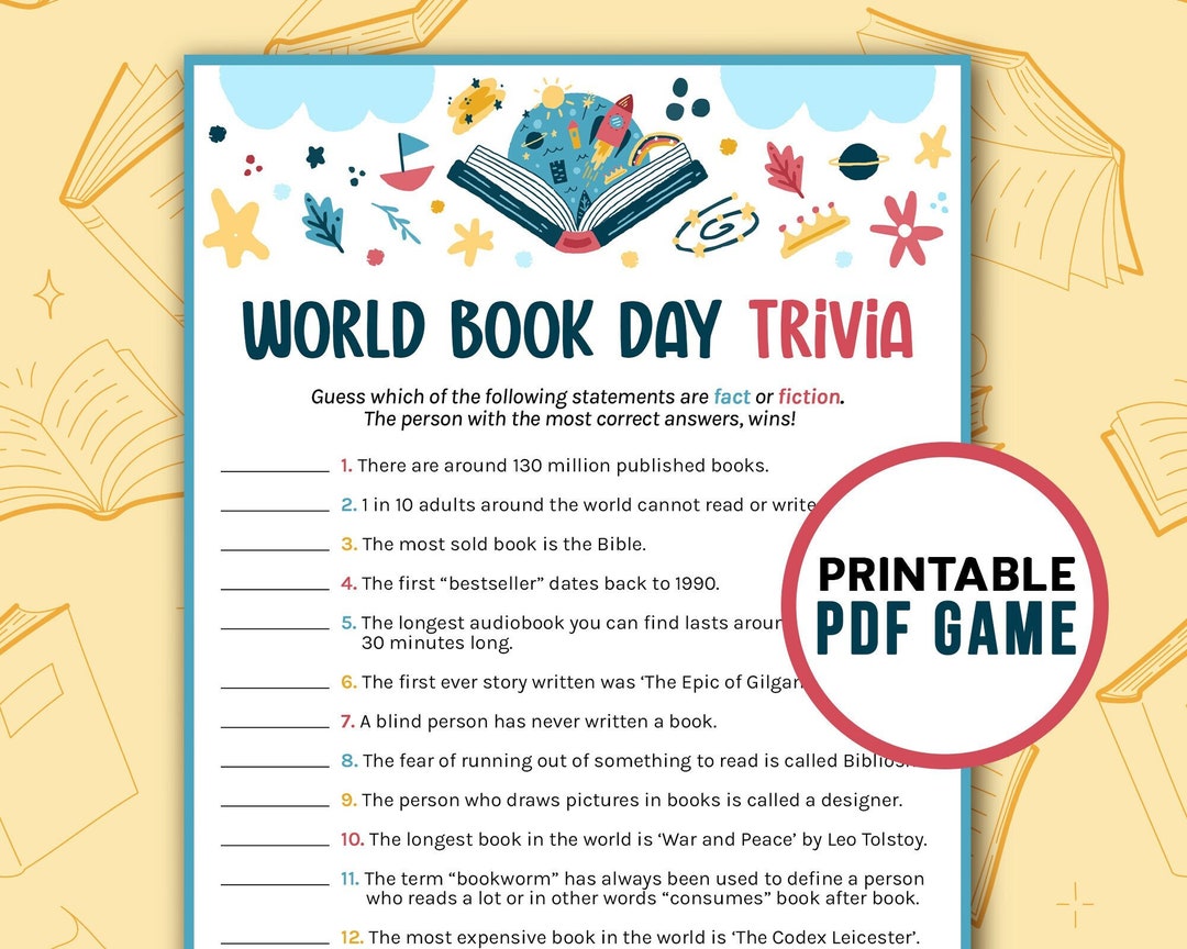 World Book Day Trivia Printable Games Books Fact or - Etsy