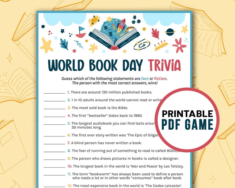 World Book Day Trivia Printable Games Books Fact or - Etsy