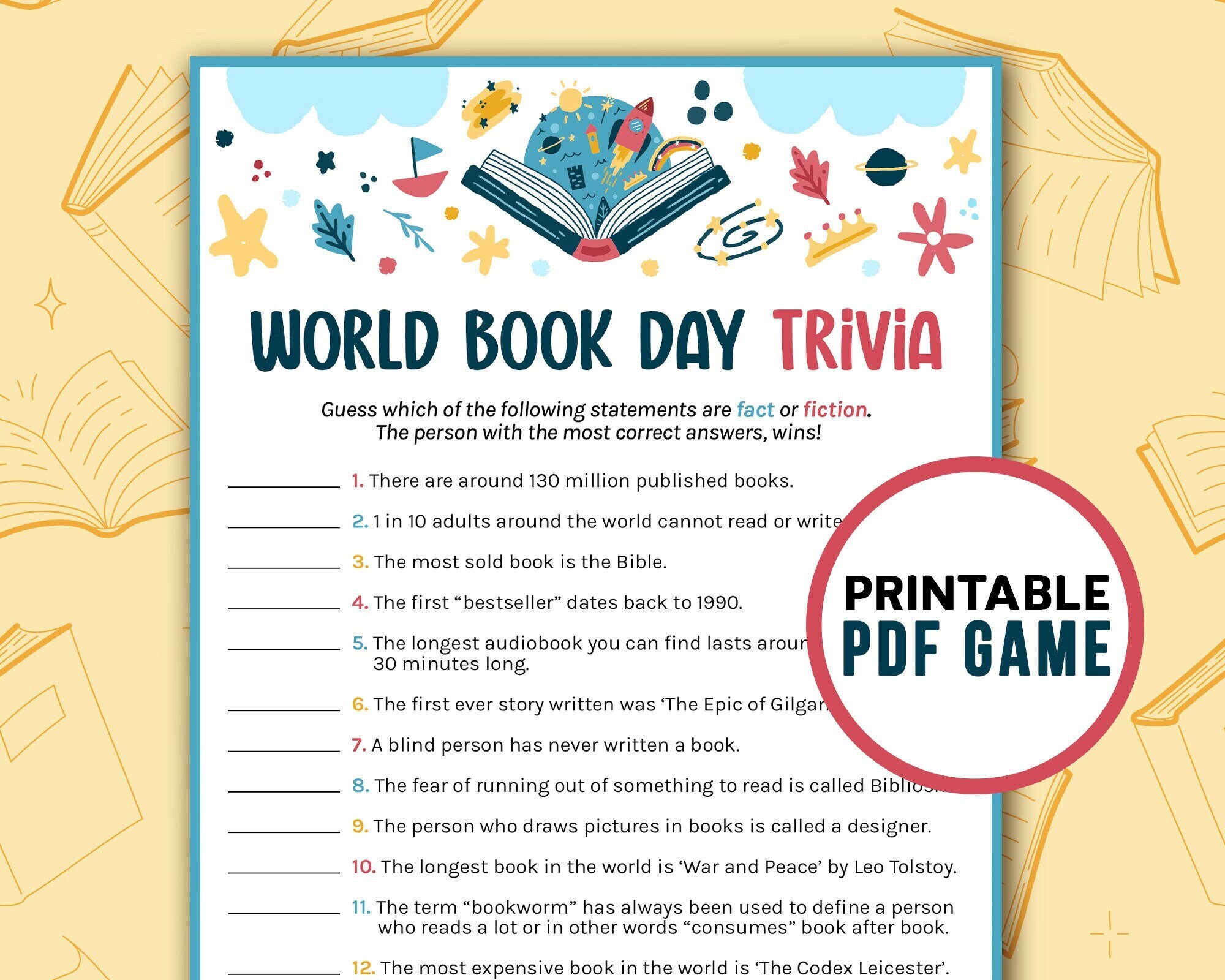 World Book Day Trivia Printable Games Books Fact or - Etsy