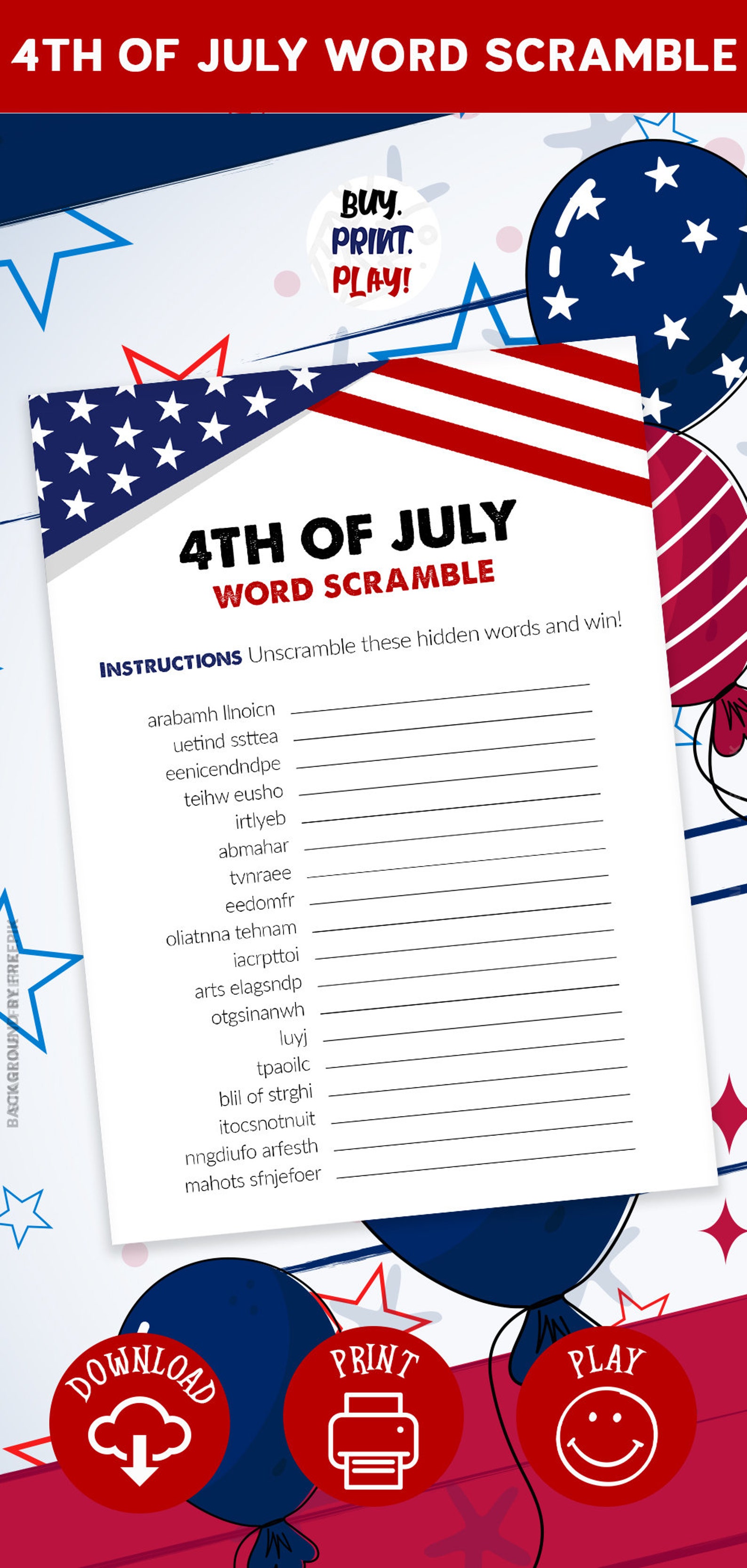 4th of July Word Scramble USA Independence Day Office & Family Party ...