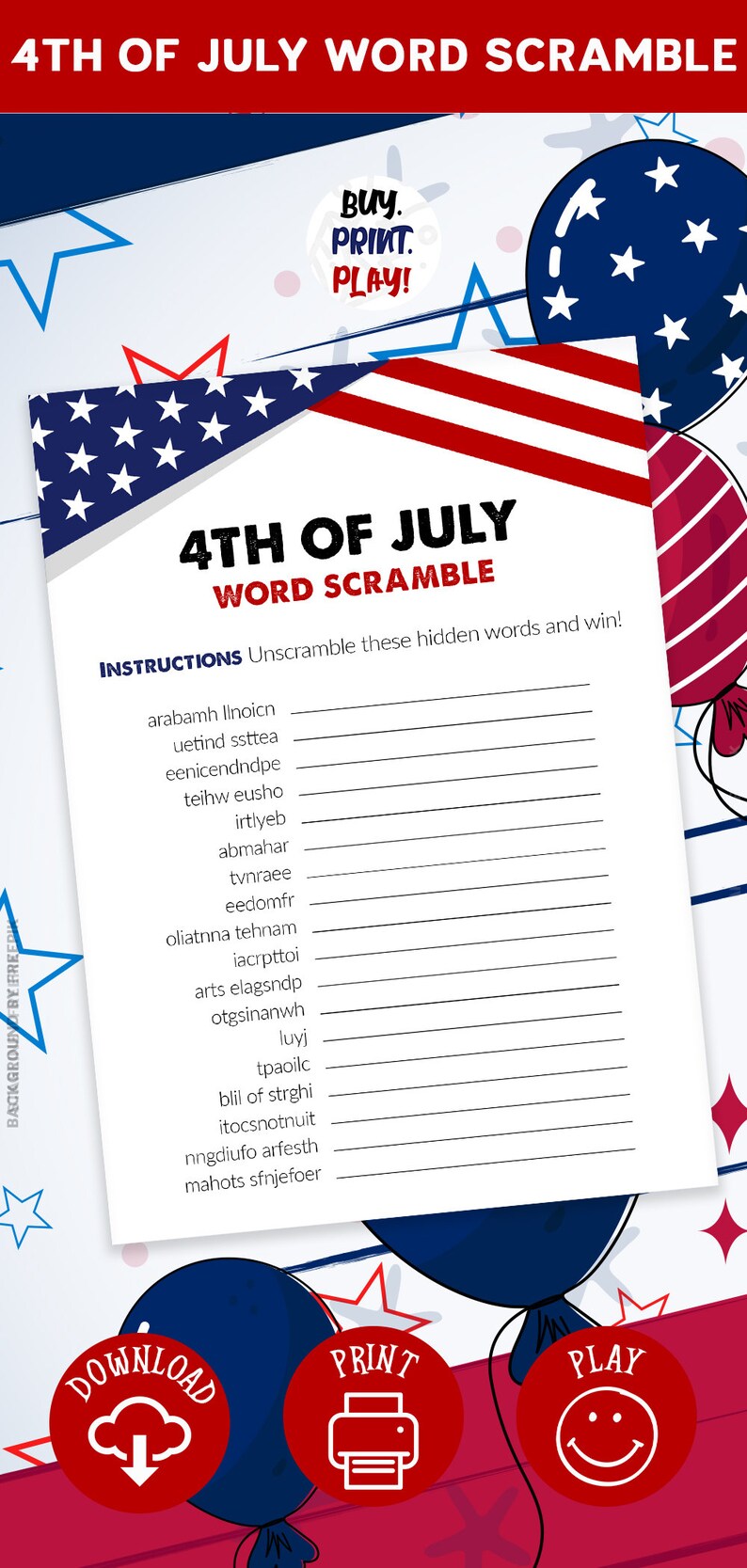 4th of July Word Scramble USA Independence Day Office & - Etsy