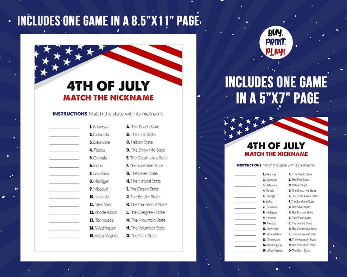 Fourth of July Trivia Game Match the State's Nickname - Etsy