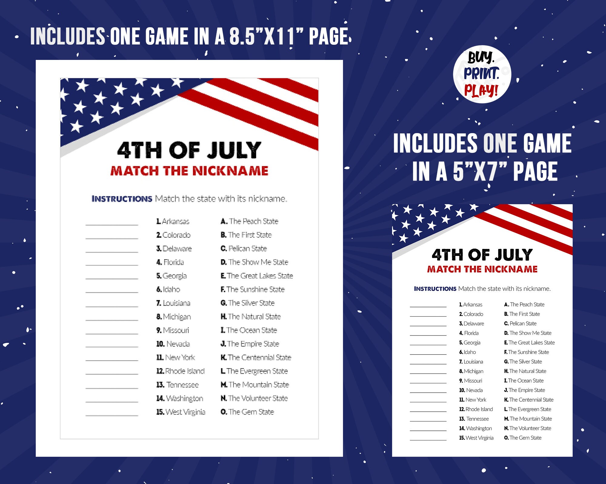 Fourth of July Trivia Game Match the State's Nickname | Etsy