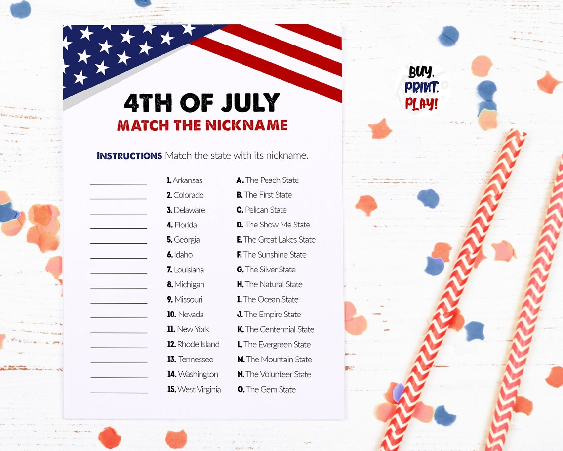 Fourth of July Trivia Game Match the State's Nickname - Etsy