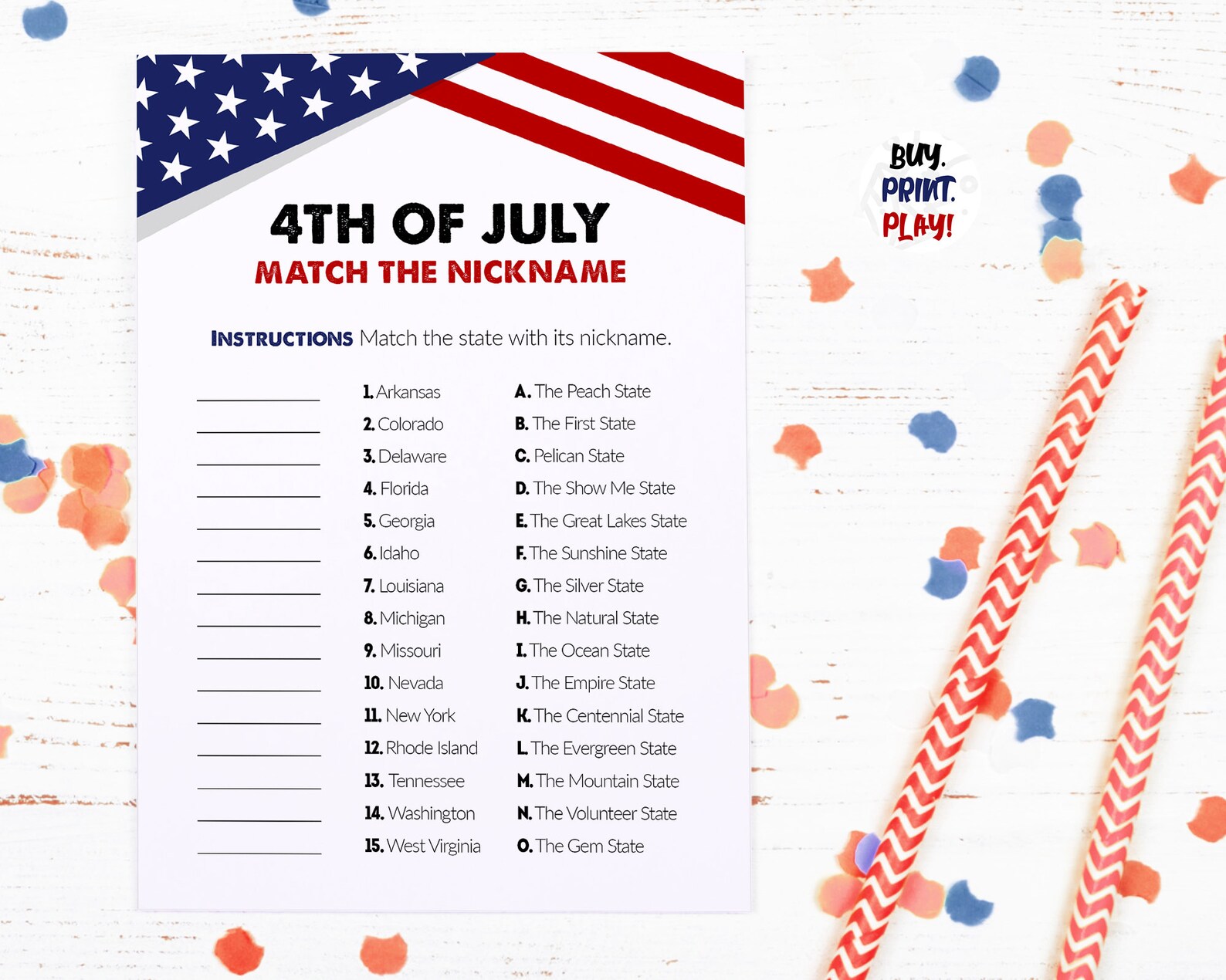 Fourth of July Trivia Game Match the State's Nickname - Etsy