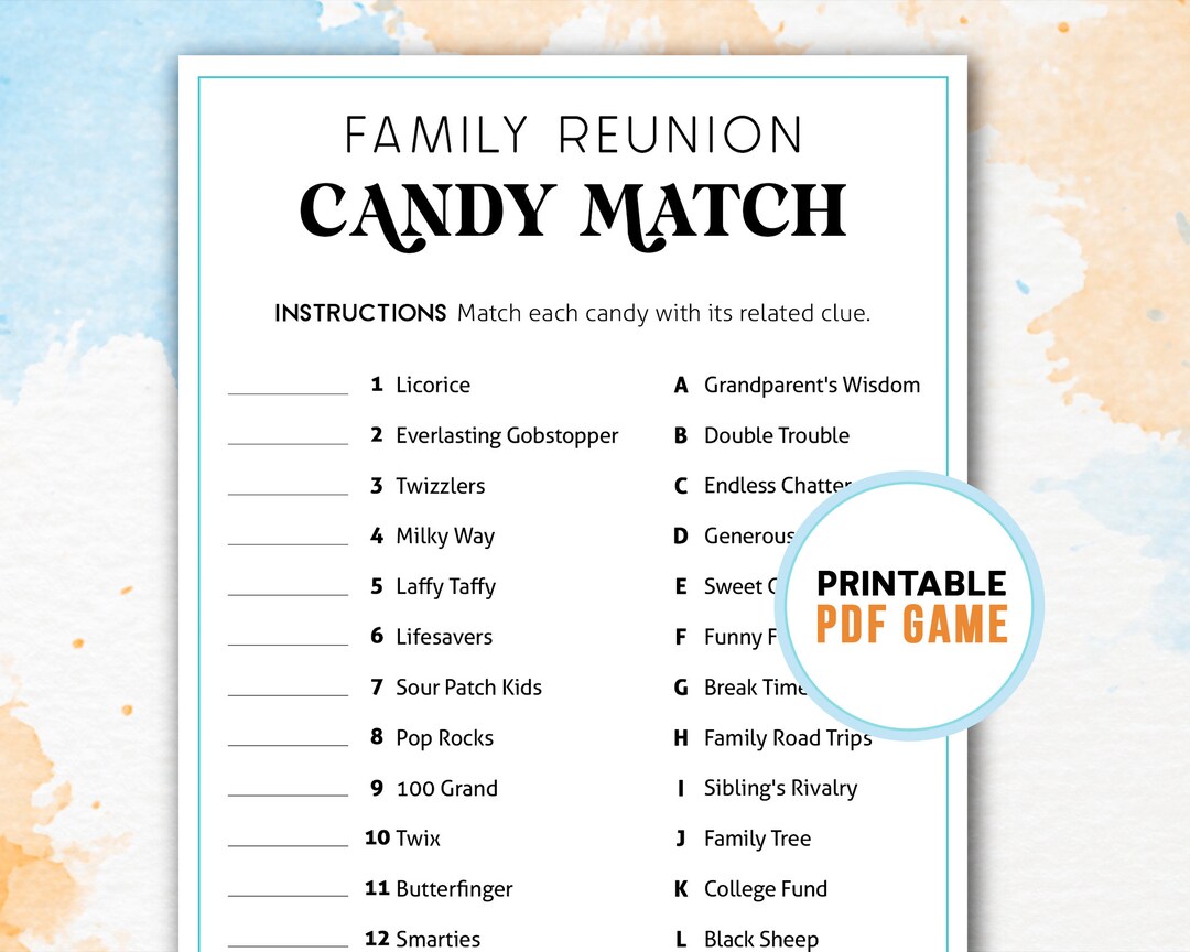 Candy Match Game | Family Reunion Party Printable | Gathering Trivia ...