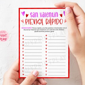 Valentines Day AZ Word Race in Spanish | Think Fast Activity | Games ...