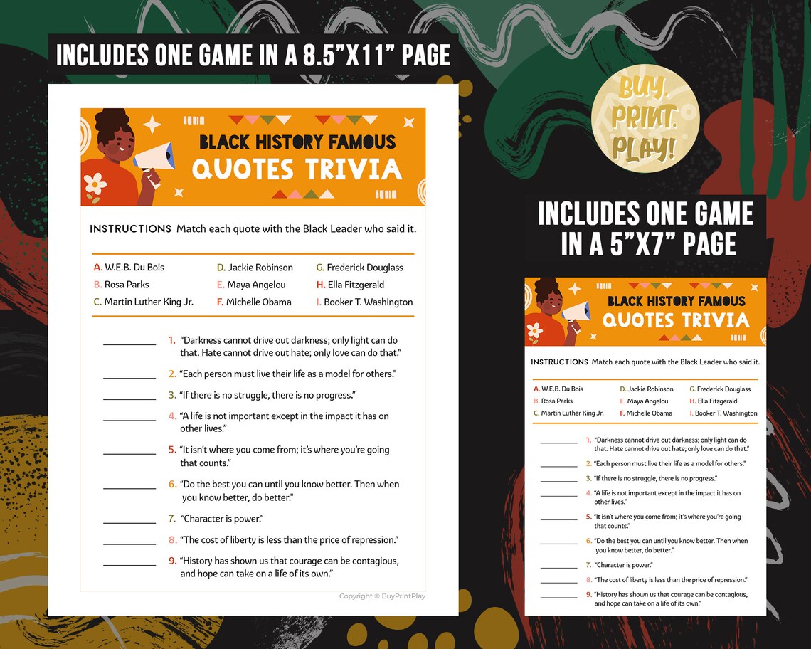 Black History Famous Quotes Trivia Game American History - Etsy