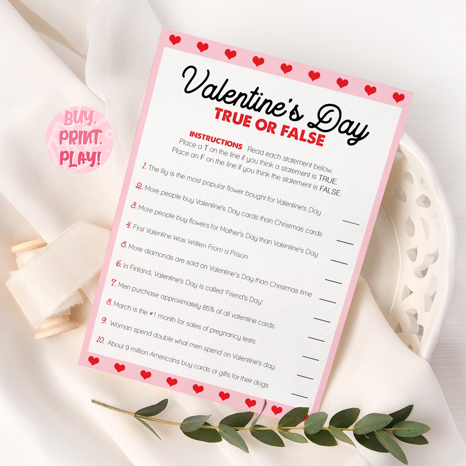 True or False Trivia Valentines Day Printable Game | Etsy