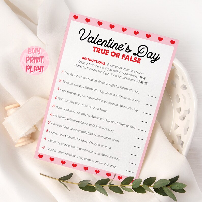 True Or False Trivia Valentines Day Printable Game Etsy