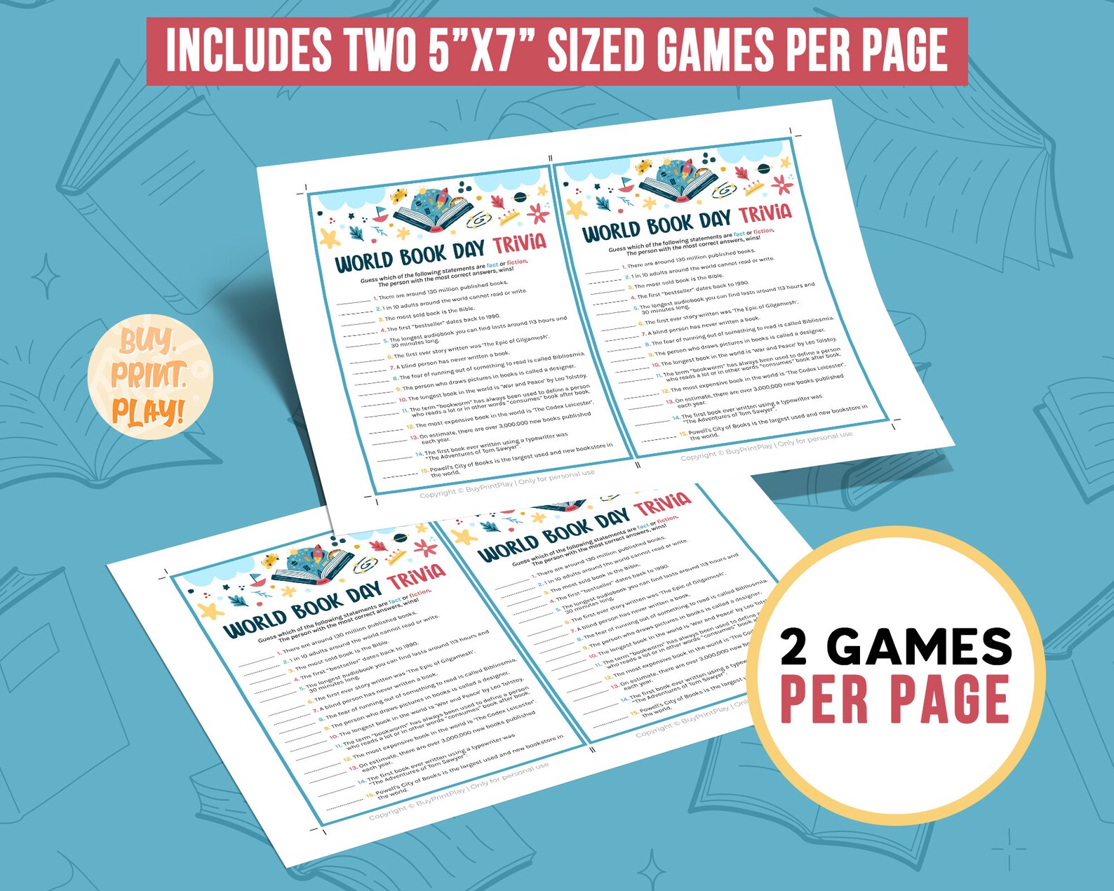 World Book Day Trivia Printable Games Books Fact or - Etsy