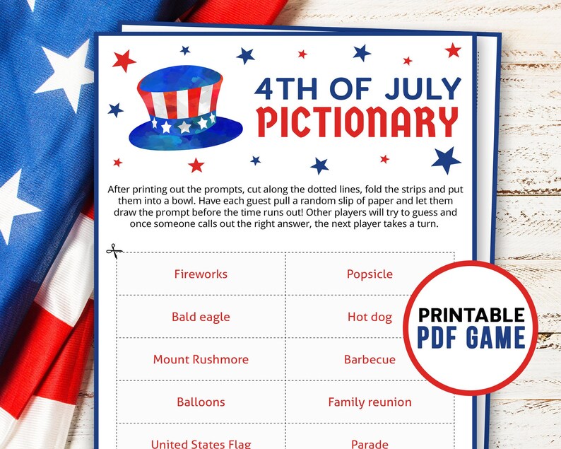 4th of July 34 Pictionary Prompts Printable Games for USA - Etsy
