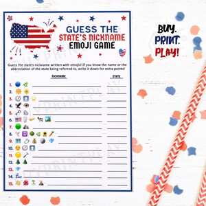 US States Nickname Emoji Quiz Game | 4th of July Party Printable ...