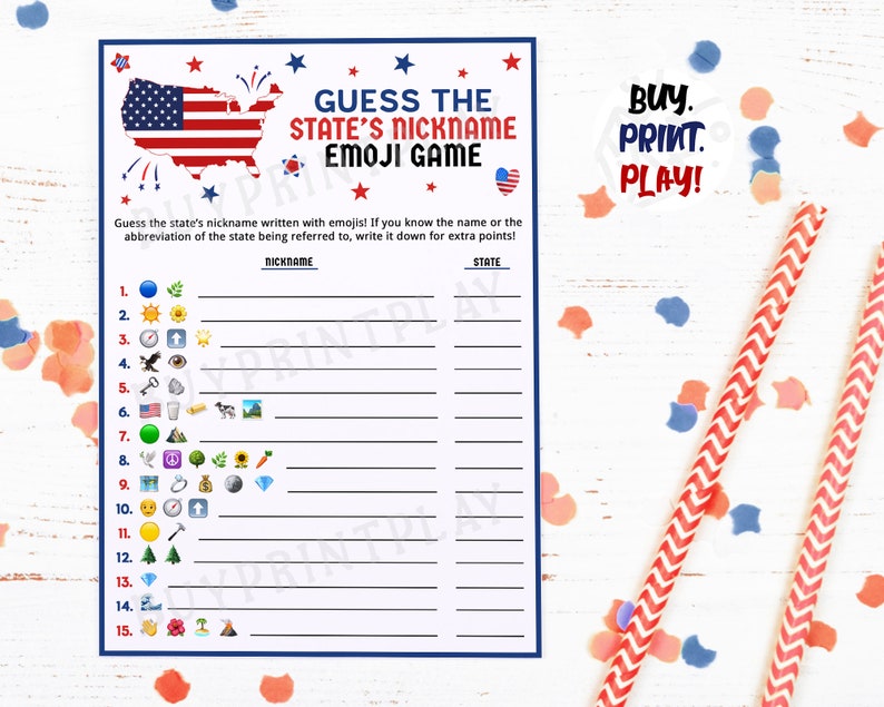 US States Nickname Emoji Quiz Game 4th of July Party - Etsy