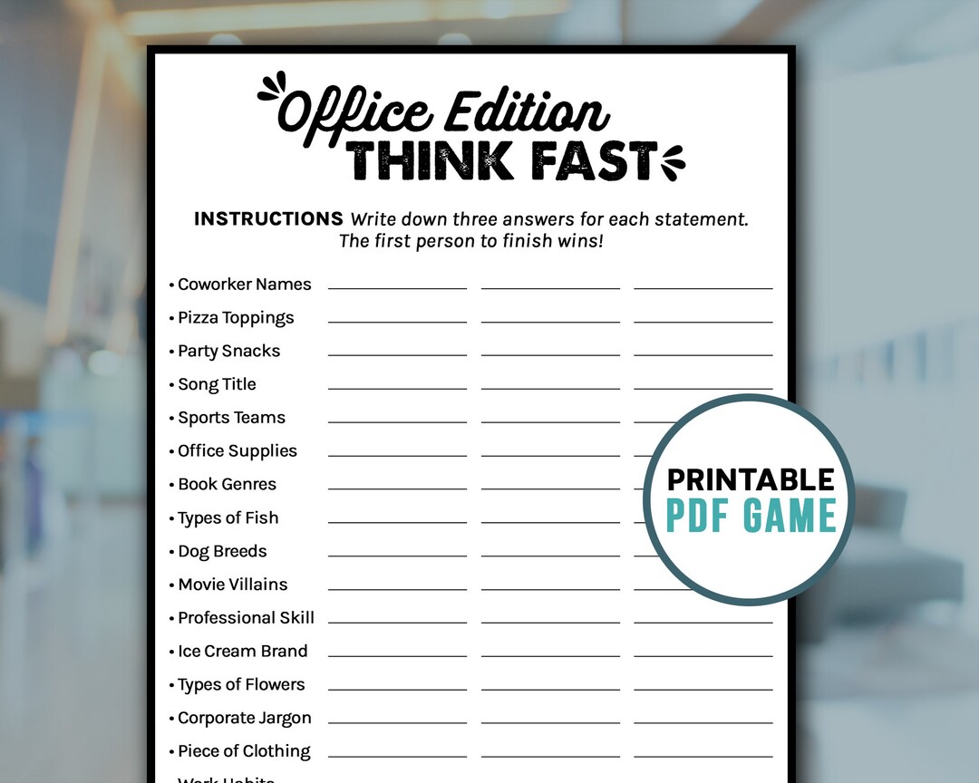 Office Party Think Fast | Printable Games for Work | Team Building ...