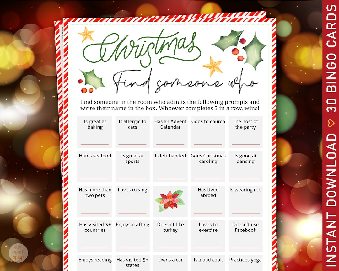 30 Christmas Bingo Game Cards | Find Someone Who | Find the Guest ...