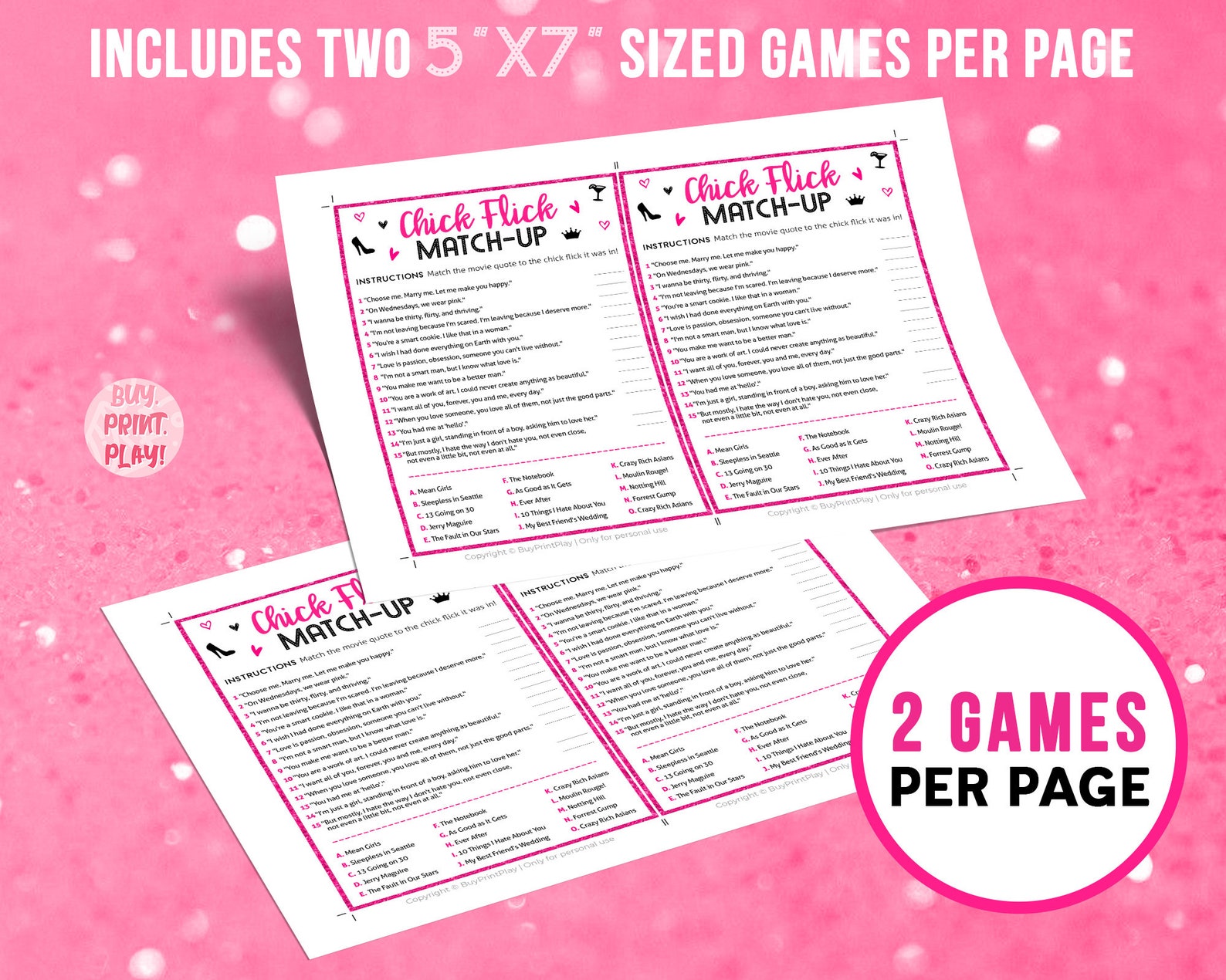 Chick Flick Match up Quote Trivia Ladies Night Party Printable Game ...