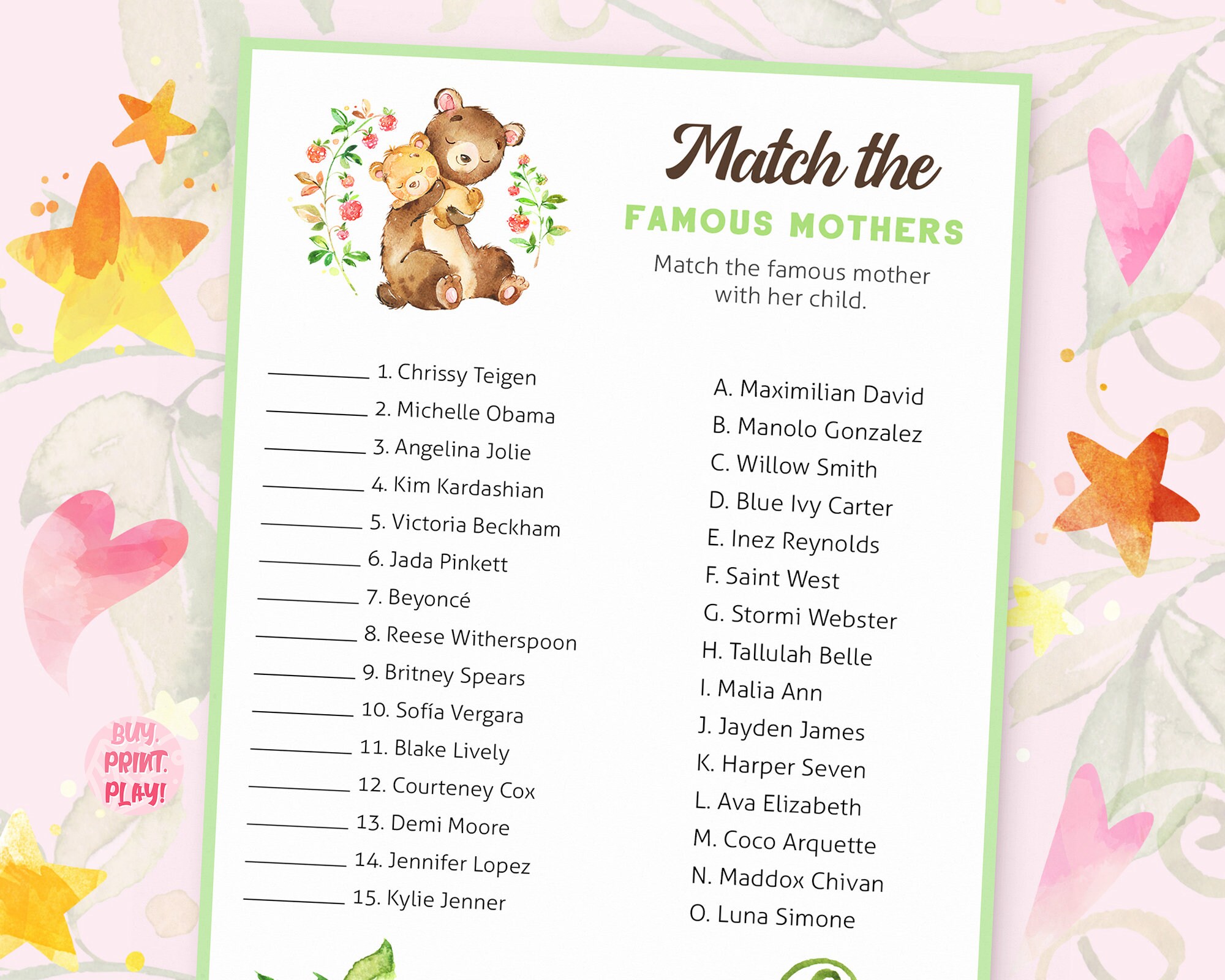 Mothers Day Games Famous Mothers Matching Game Printable | Etsy