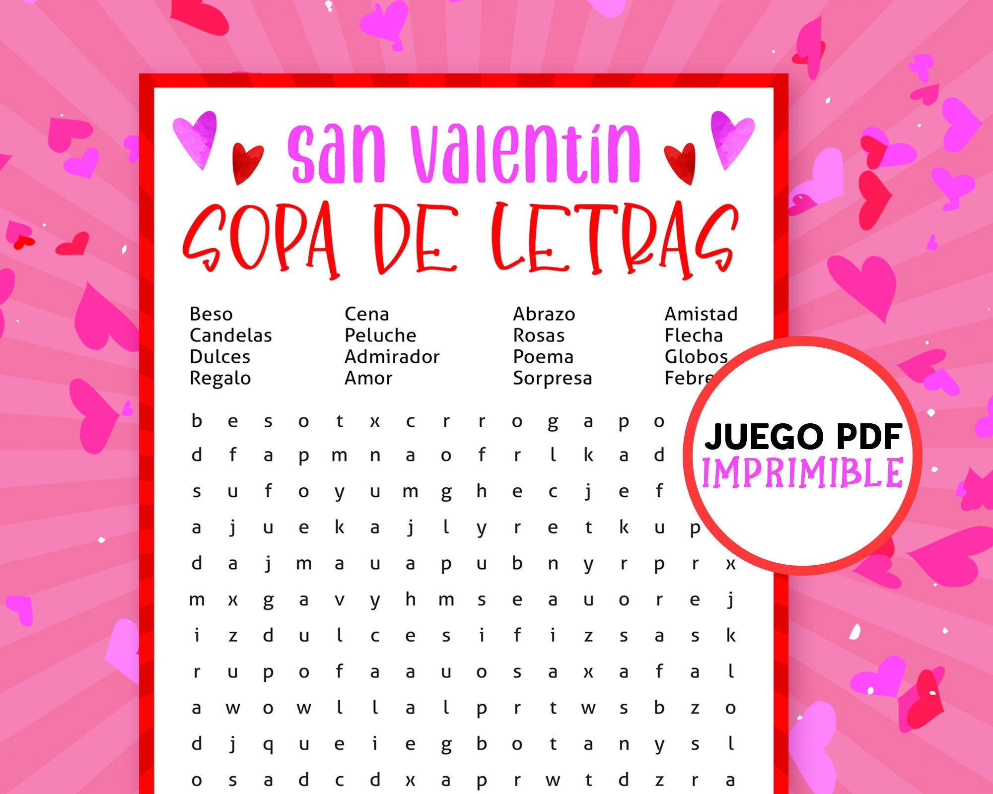 Spanish Valentines Word Search Printable Games for Kids - Etsy