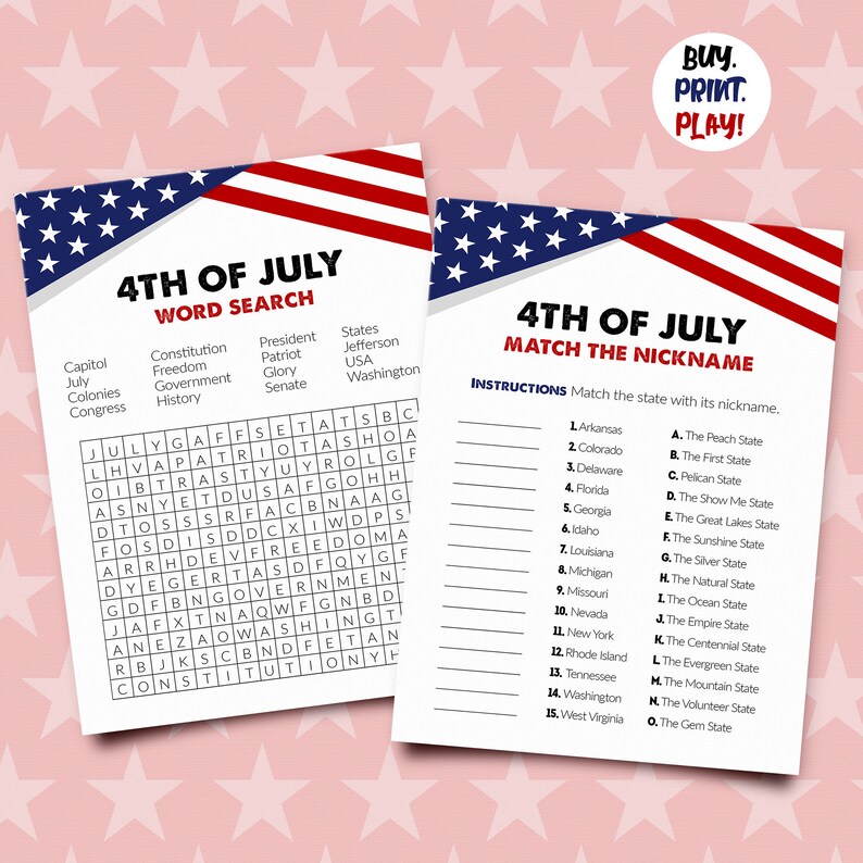 4th of July Games US Independence Day Printable Games - Etsy