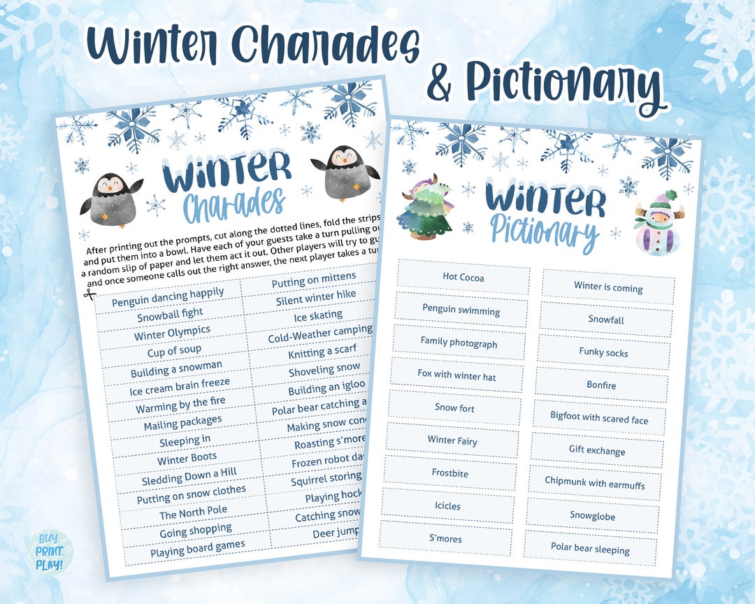 Winter Games Bundle Charades & Pictionary | Wintertime Printable ...