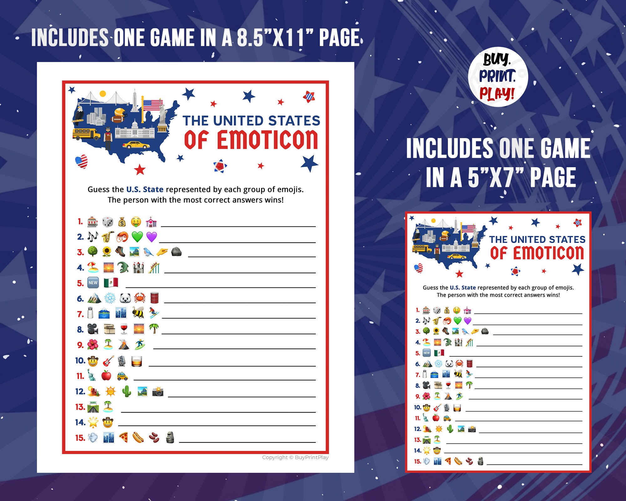 US States Emoji Pictionary Game 4th of July Games USA - Etsy