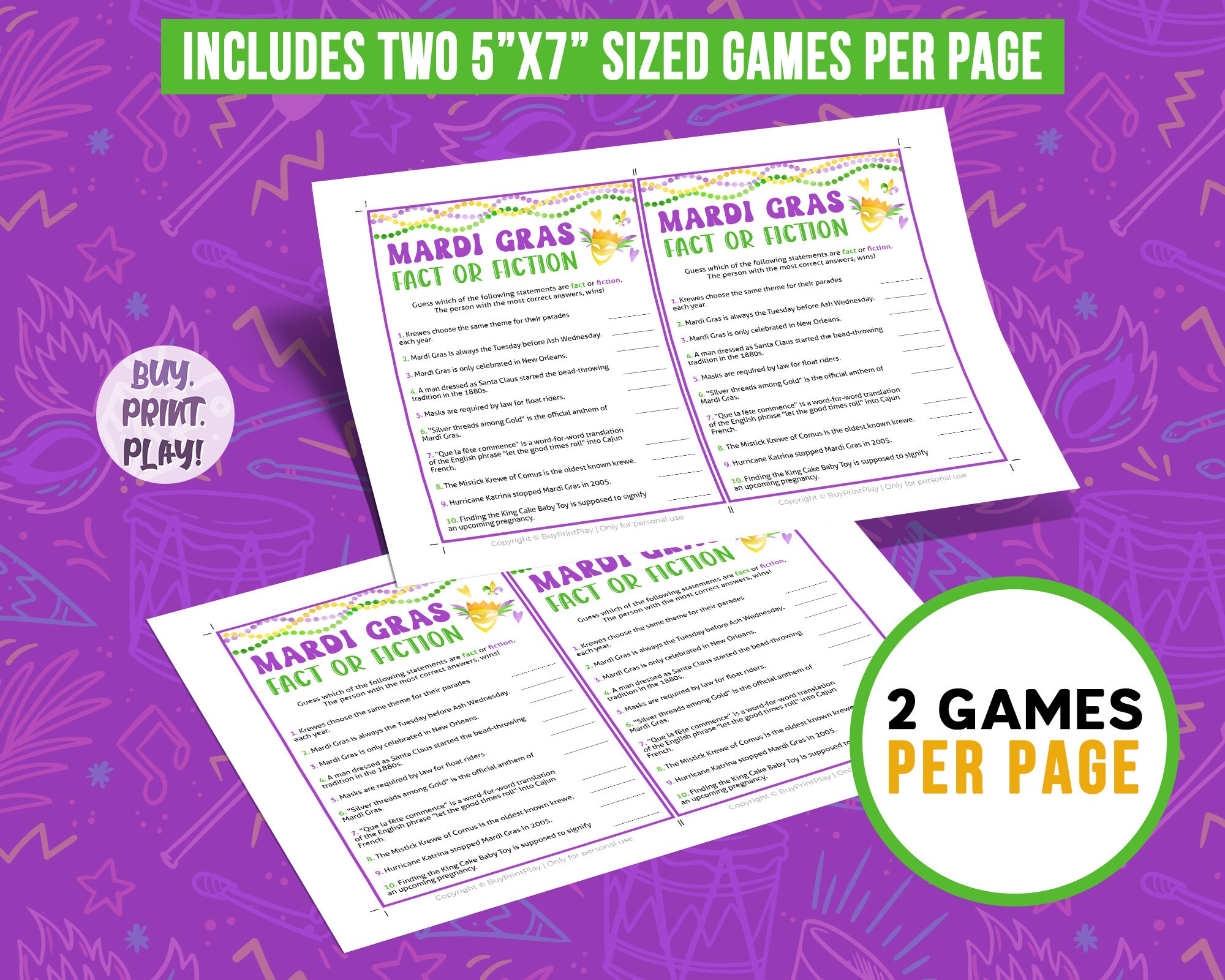 Mardi Gras Fact or Fiction Trivia Games for Adults & Kids | Etsy
