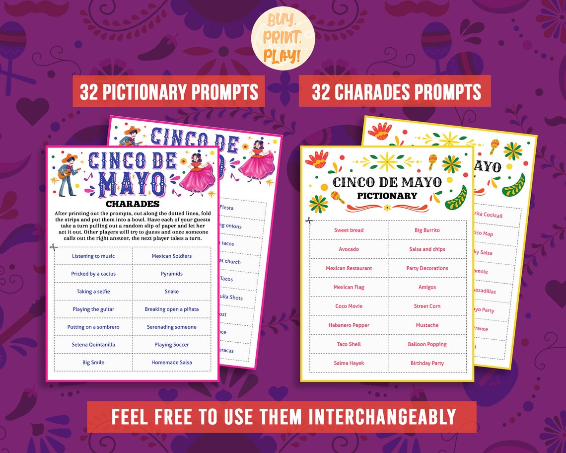 Cinco De Mayo Games Charades & Pictionary Mexican Fiesta - Etsy