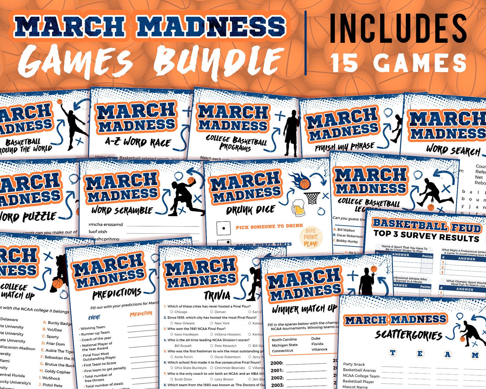 March Madness Party Games Bundle 15 NCAA Basketball - Etsy