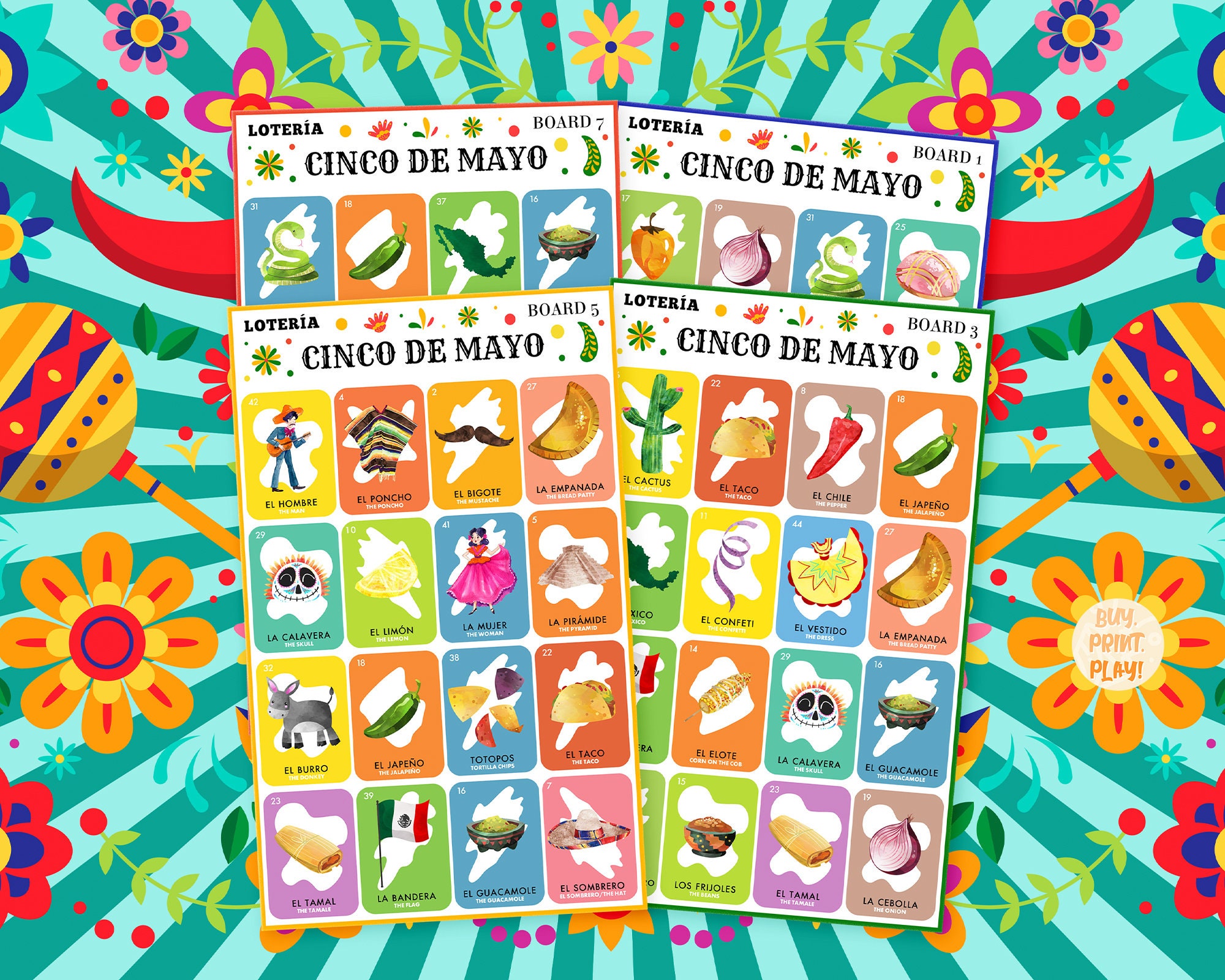 50 Cinco de Mayo Bingo Cards Lotería Mexicana Printable - Etsy España