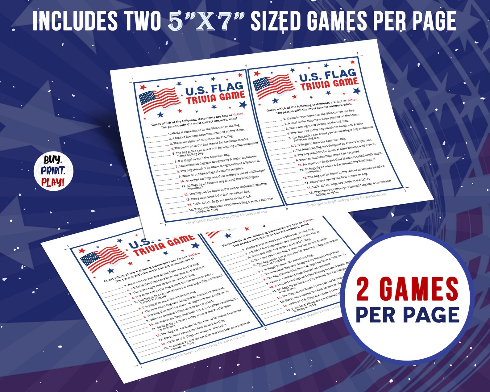 U.S. Flag Trivia Game 4th of July Independence Day Fact or | Etsy