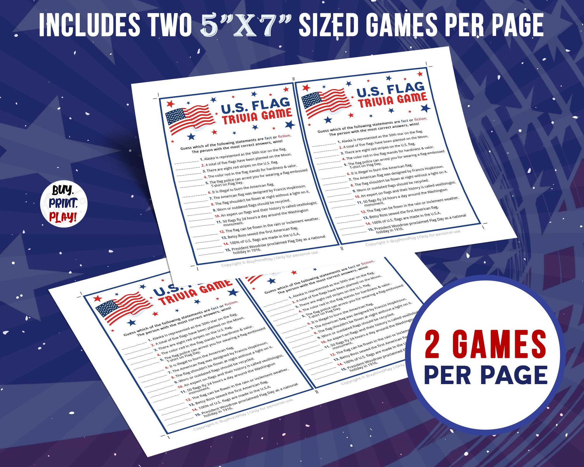 U.S. Flag Trivia Game 4th of July Independence Day Fact or - Etsy