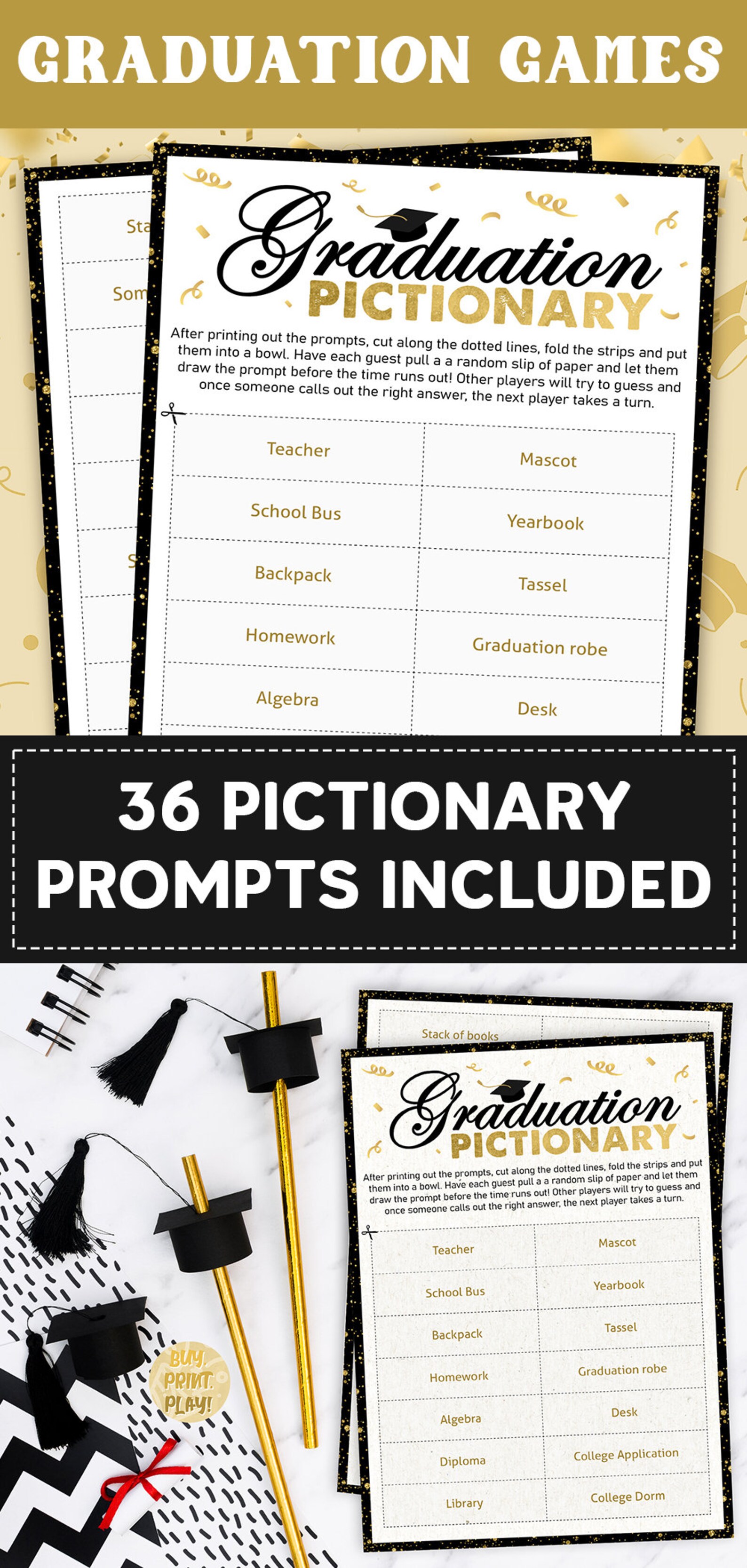 36 Graduation Pictionary Prompts Printable Games for High School ...