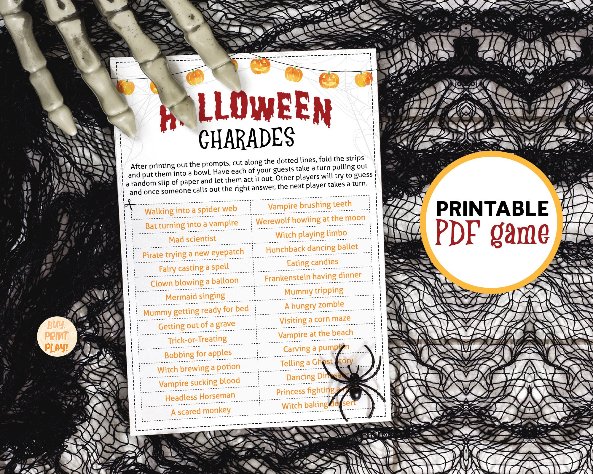 Printable Halloween Charades Prompts Halloween Games for | Etsy