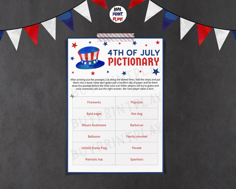 4th of July 34 Pictionary Prompts Printable Games for USA - Etsy
