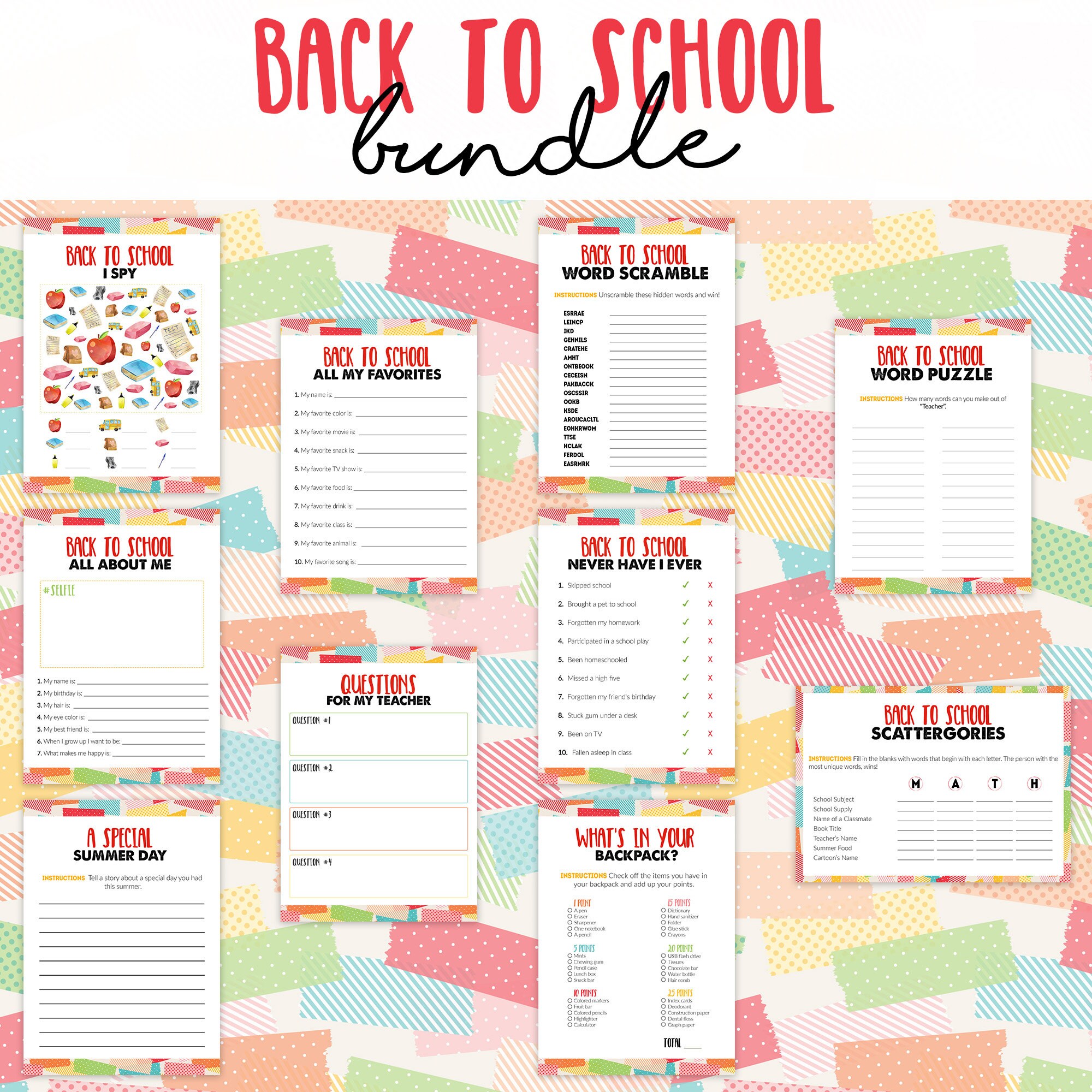 Back to School Printable Games School Activity Bundle - Etsy